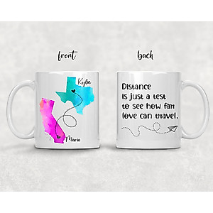 Personalized Long Distance Coffee Mug, Best Friends Quote Custom Mugs, States with Hearts over Cities, Add Names and Quote, State to State Mug, Long Distance Family, Friendship, Relationship Gifts