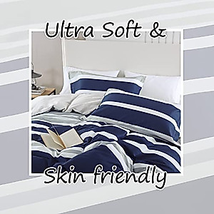 Bedduvit Striped Queen Duvet Cover - 100% Cotton Duvet Cover Queen Size,3 Piece Navy Duvet Cover Queen,Simple Modern Queen Duvet Cover with Zipper Closure & 8 Ties (90"x90", No Comforter)