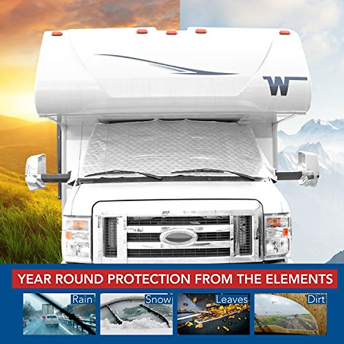 Leisure Coachworks RV Windshield Window Cover for Class C Ford 1997-2021 Motorhome Windshield Snow Cover for RV Front Window Sunshade Cover RV Accessories 4 Layers with Mirror Cutouts Silver