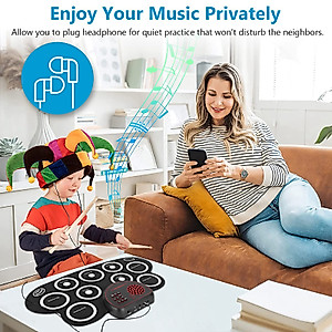 KOCASO Electric Drum Pad Foldable 10-Drum Silicon Drum Kit Dual-Pedal Foldable Electronic Drum Set Machine with Drum 2 Sticks Headphone Jack Speaker for Kids, Beginners