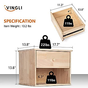 VINGLI Unfinished Natural Solid Wood Floating Nightstand for Bedroom Set of 2, Small Nightstand with Drawer & Open Shelf, Farmhouse Night Stand Wall-Mounted Bedside Table for Small Space Color DIY