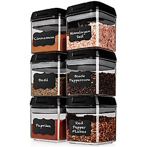 Shazo Airtight 6 Pc Mini Container Set + 6 Spoons, Labels & Marker - Durable Clear Plastic Food Storage Containers with Lids - Kitchen Cabinet Pantry Containers for Spices, Herbs, Coffee, Tea etc