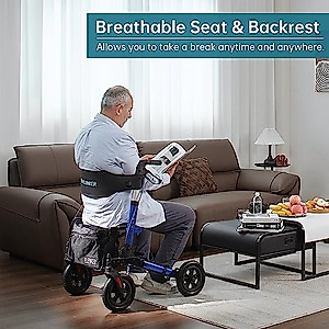 ELENKER All-Terrain Rollator Walker with Seat, Outdoor Rolling Walker, 10” Non-Pneumatic Tire Wheels Compact Folding Design for Seniors, Blue