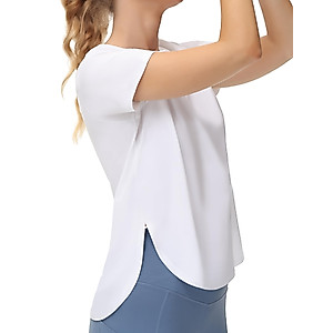 THE GYM PEOPLE Women's Workout T-Shirts Loose Fit Short Sleeve Cotton Running Basic Tee Tops with Split Hem White