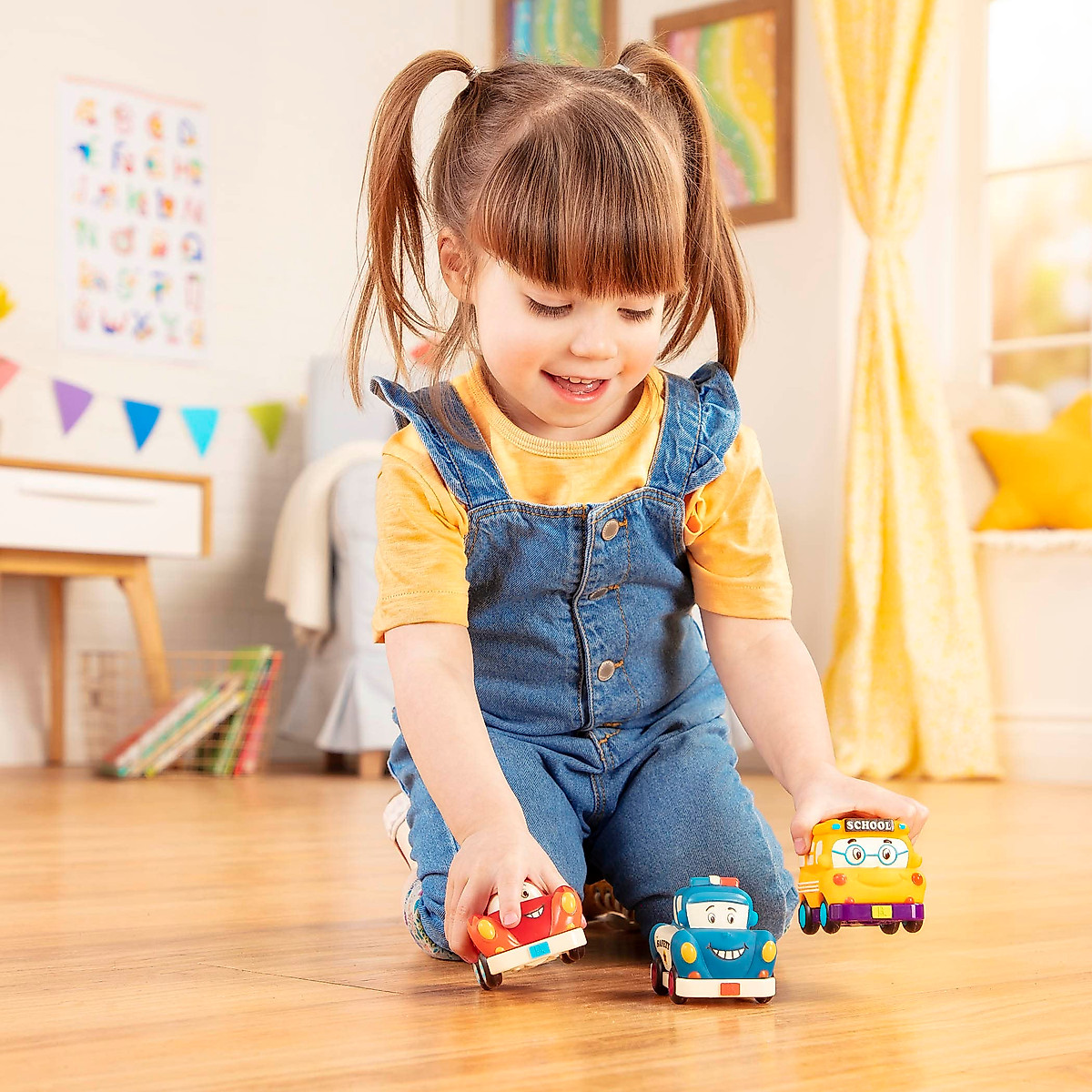 B. toys- Mini Wheeee-ls!- 3 pc Mini Pull-Back Vehicles Set, Bus & Cars, Multi, Hot Rod, School Bus, Police Car- 1 year +