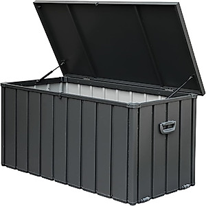 DHHU 150 Gallon Deck Box, Steel Outdoor Storage Deck Box Waterproof, Large Patio Storage Bin, Large Outdoor Storage Bench Cabinet Lockable for Patio Furniture, Garden Tools and Pool Supplies