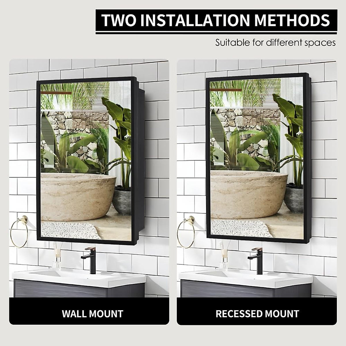 Movo 20 inch x 26 inch Medicine Cabinet Mirror,Black Mirror Medicine cabinets for Bathroom, Recessed or Surface Mount Bathroom Medicine Cabinet with Beveled Mirror