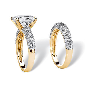 PalmBeach Yellow Gold-Plated or Platinum Plated Emerald Cut Cubic Zirconia Pave Bridal Ring Set Size 5