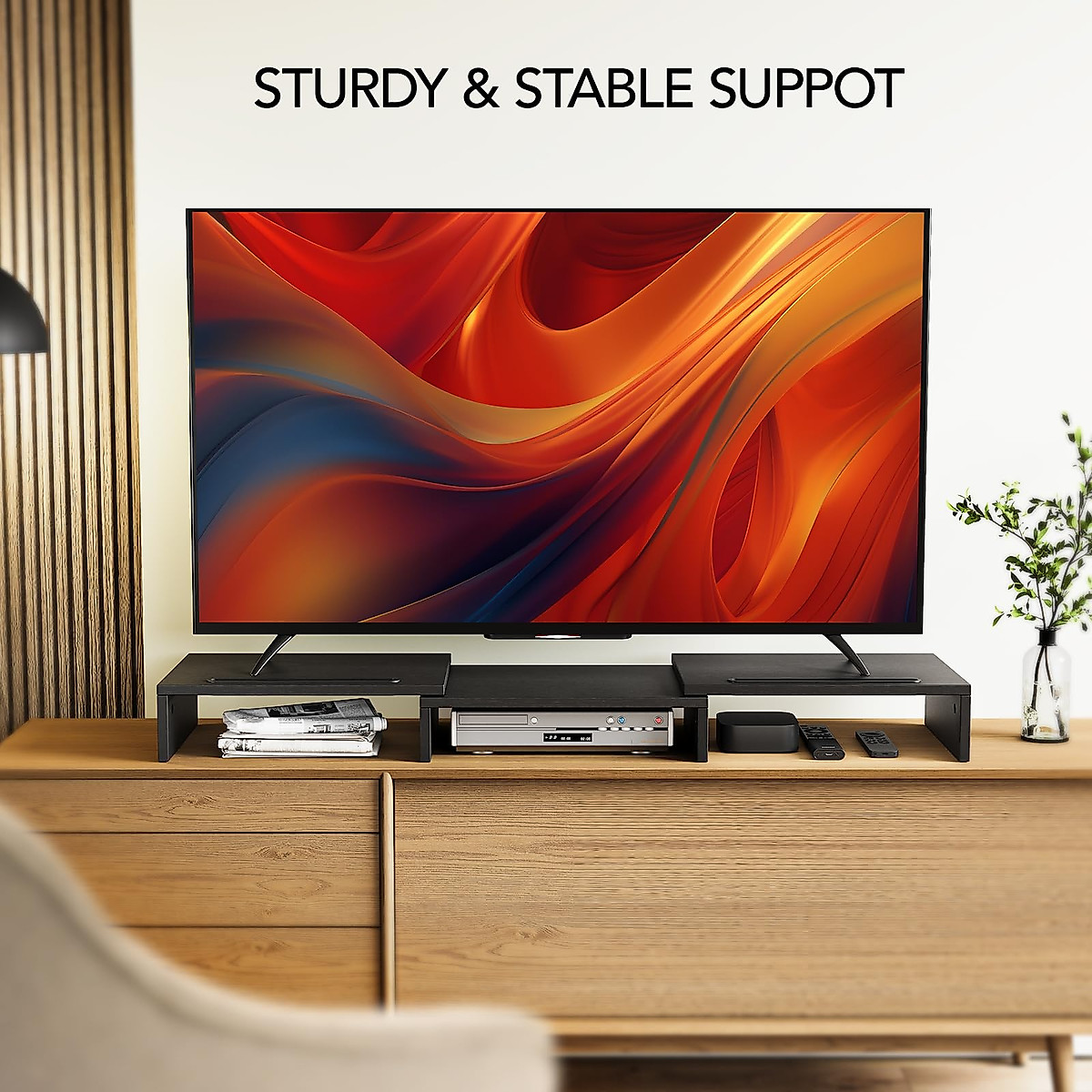 AMERIERGO Dual Monitor Stand -Adjustable Length and Angle, Dual Monitor Riser, Computer Monitor Stand w/2 Slot, Desktop Organizer, Monitor Stand Riser for PC, Computer, Laptop (Black)