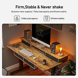 FEZIBO Height Adjustable Electric Standing Desk with 4 Drawers, 55 x 24 Inch Table with Storage Shelf, Sit Stand Desk with Splice Board, Black Frame/Rustic Brown Top, 55 inch