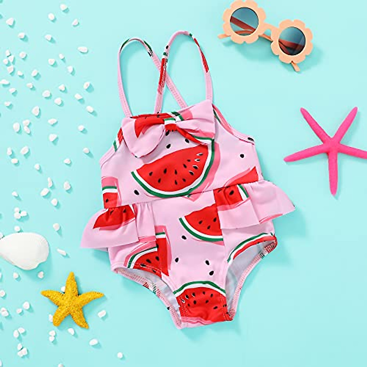 Infant Baby Girl Swimsuit Leopard Backless Swimwear Girl One Piece Halter Ruffle Watermelon Bathing Suit (Watermelon, 90, 9_Months)
