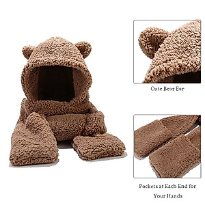 Umeepar Winter Bear Ear Sherpa Hood Hat Scarf Gloves 3 in 1 Hooded Scarf for Women Men (Brown)