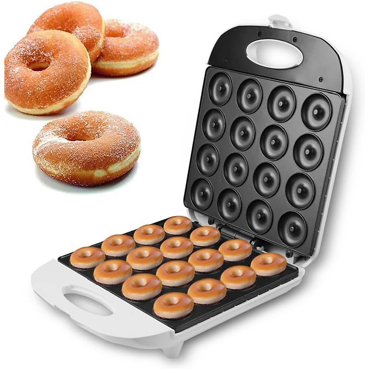 VIKNEY Mini Donut Maker,Easy and Fun Homemade Mini Donuts, Perfect for Snacking and Entertaining,Compact and Portable Design, Dual-Sided Heating, Non-Stick Coating - Makes 16 Donuts at a Time, White