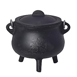 SOUL STICKS Reusable 6 Cast Iron Cauldron with Lid and Hanging Handle for Spell Casting, Smudging, Ritual & Blessings Pot Belly Witchcraft (Tree of Life)