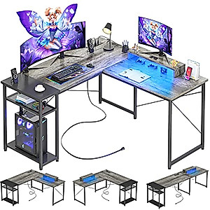 Cyclysio L Shaped Desk with Power Outlets and USB Ports, Reversible L Shaped Gaming Computer Desk with LED Light, 83.5'' Large 2 Person Desk with Monitor Stand, L-Shaped Corner Desk, Grey and Black