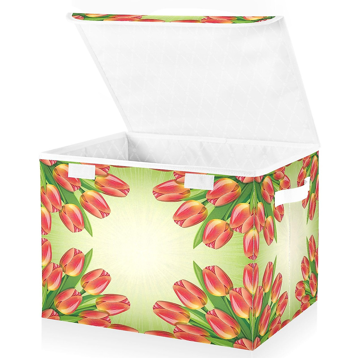 senya Large Collapsible Storage Bins with Lids, Spring Tulip Flowers Storage Baskets Organizer Containers with Handles for Nursery Clothes Toys
