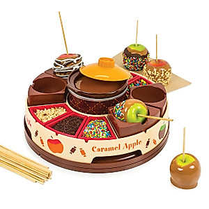 Nostalgia CCA5 Lazy Susan Chocolate & Caramel Apple Party with Heated Fondue Pot, 25 Sticks, Decorating and Toppings Trays