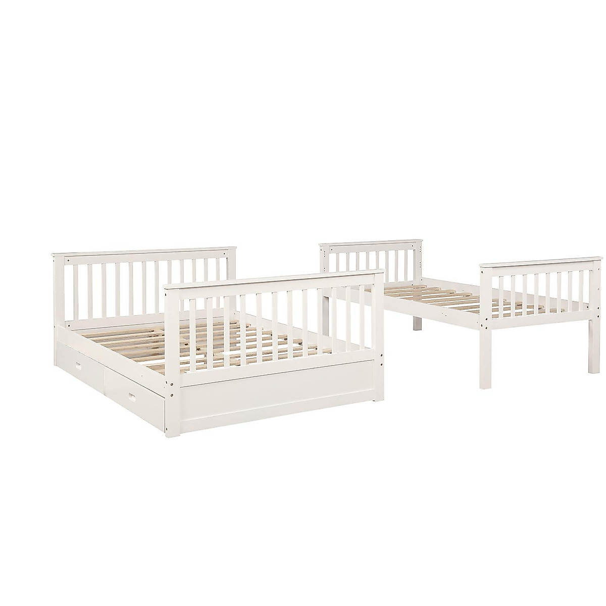 DS-HOMEPORT Twin Over Full Bunk Bed with Two Storage Drawers, Wooden Bunk Beds Frame w/Safety Guardrail ＆ Ladder, Soild Wood Space-Saving Bunkbed for Bedroom Kids Teens Adults(White)