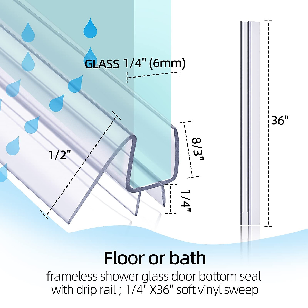 Shower Door Bottom Seal POZIA-36 Long,1/4"(6mm) Thick Frameless Glass Shower Door Seal Strip Clear Polycarbonate Durable Stop Shower Leaks and Create a Water Barrier Ultra Clear