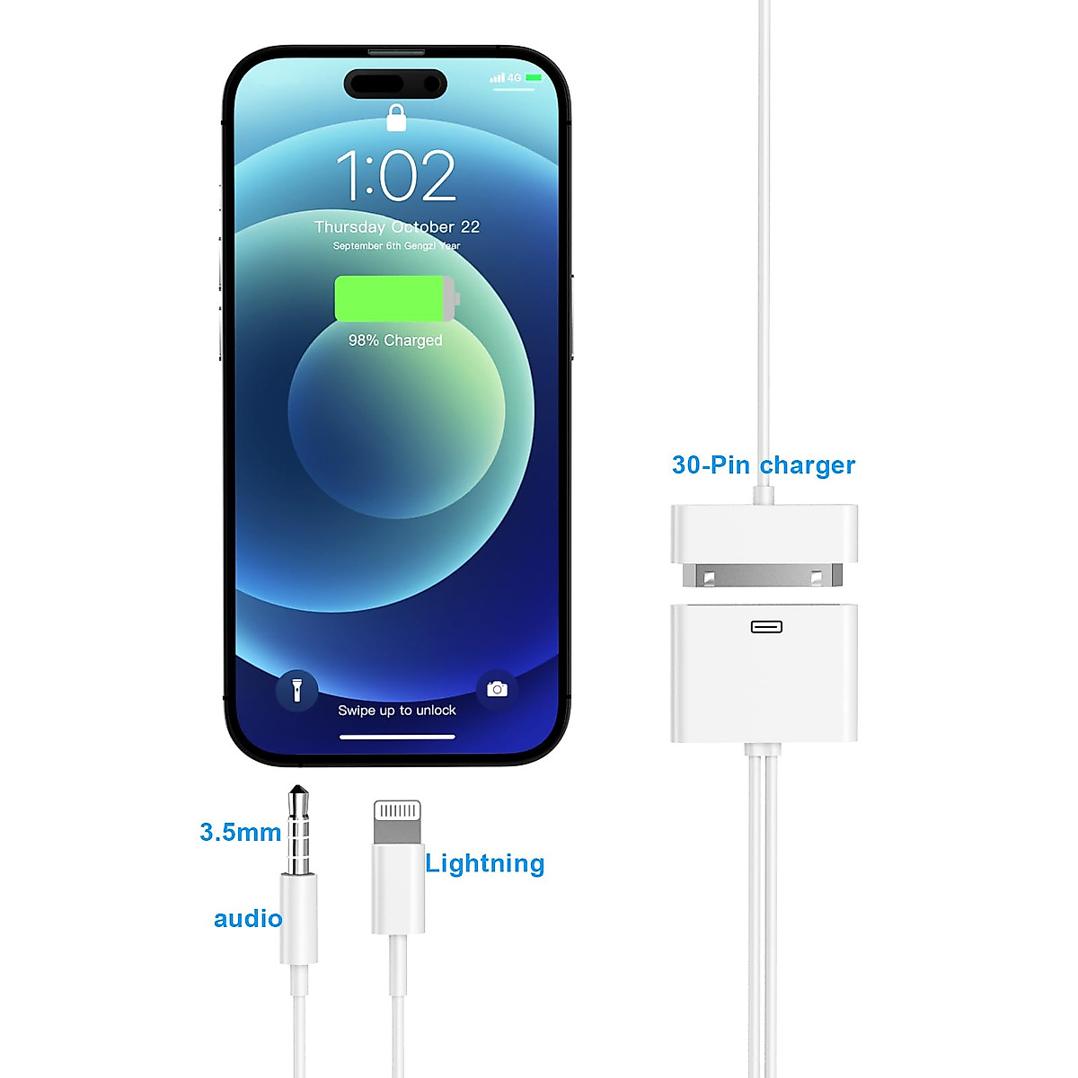 Belcompany Lightning to 30 Pin Cable for iPhone with 3.5mm AUX Audio Port