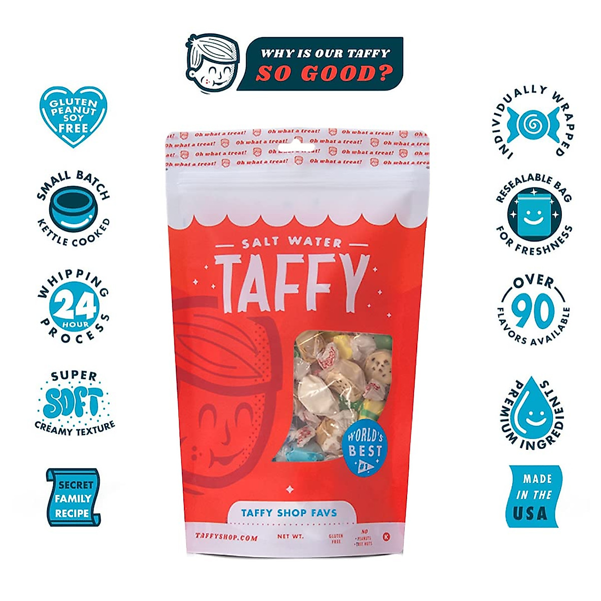 Taffy Shop "Favorites Mix" Salt Water Candy, Assorted Bulk Flavors of Saltwater Taffy, Unique Themed Gourmet Taffy - Family (32oz)
