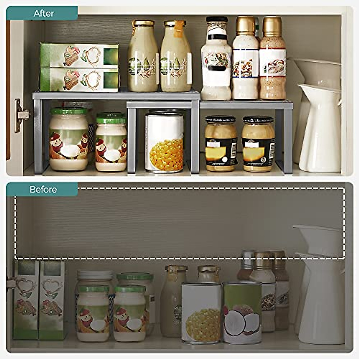 SONGMICS Cabinet Shelf Organizers, Shelf Organizer, Countertop Organizer, Shelf Riser, Stackable, Expandable, Set of 2 Metal Kitchen Counter Shelves, Silver UKCS01SV