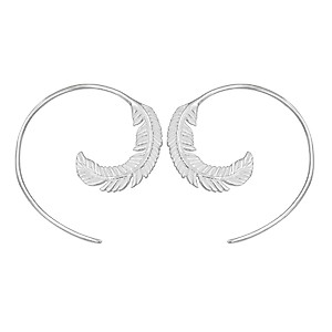Boma Jewelry Sterling Silver Feather Matte Finish Pull Through Hoop Earrings