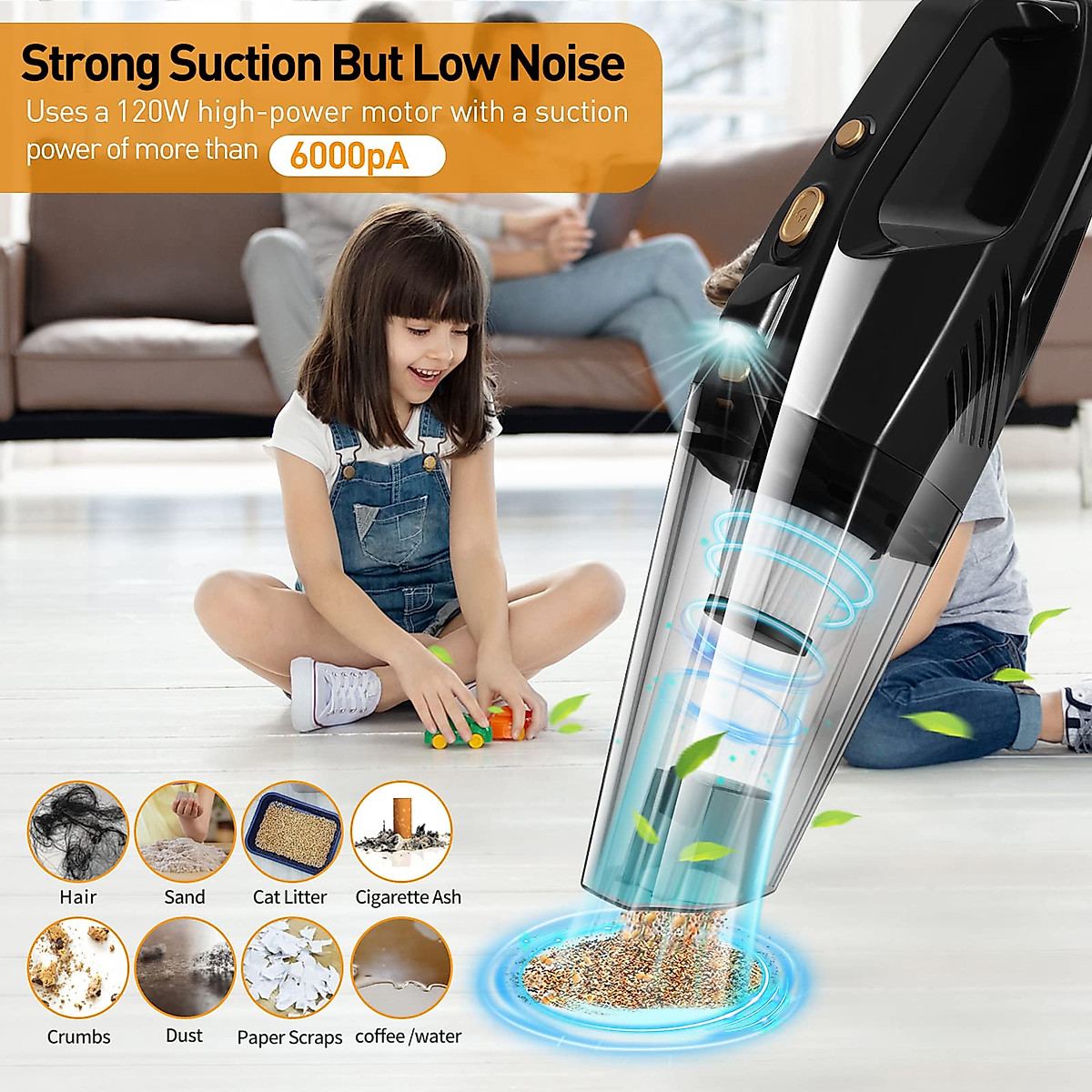 Handheld car Vacuum Cleaner Cordless, Car Portable Hand Vacuum Rechargeable, Wet and Dry Cleaning Use Portable Hand Vacuum with 12V 120W High Power and LED Light for Car, Home, Office