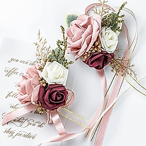 YSOJMAN Blush Pink Wrist Corsage Wristlet and Boutonniere Set for Wedding Bridesmaid Mother Grandmother for Bridal Shower Wedding Artificial Roses Flower Prom