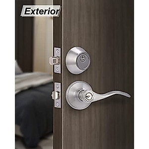 Keyed Alike Front Door Lever Lockset with Single Cylinder Deadbolt Combination Set, Exterior Door Knob with Lock and Deadbolt, Satin Nickel Finished, 2Sets