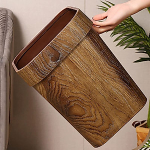 GENIGW Wood Grain Trash Can Large Capacity Thicken Rectangular Round Waterproof Trash Bin Home Office Kitchen Toilet Paper Basket