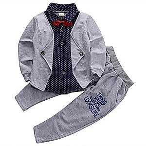 Baby Boys 2PCS Pants Suit, Polka Dot Long Sleeve Bow Folded Collar Button-Down Blouse, Long Elastic Band Pants Set (Grey, 6-12 Months)