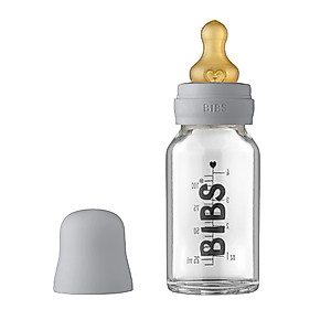 BIBS Baby Glass Bottle. Anti-Colic. Round Natural Rubber Latex Nipple. Supports Natural Breastfeeding, Complete Set - 110 ml, Cloud