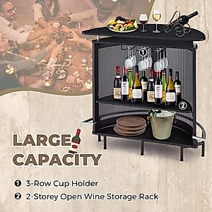JOMEED Bar Table with Storage, High Top Table with Metal Mesh Front, Goblet Holders and Footrest, Semi Cylindrical Shape Black Liquor Bar for Home