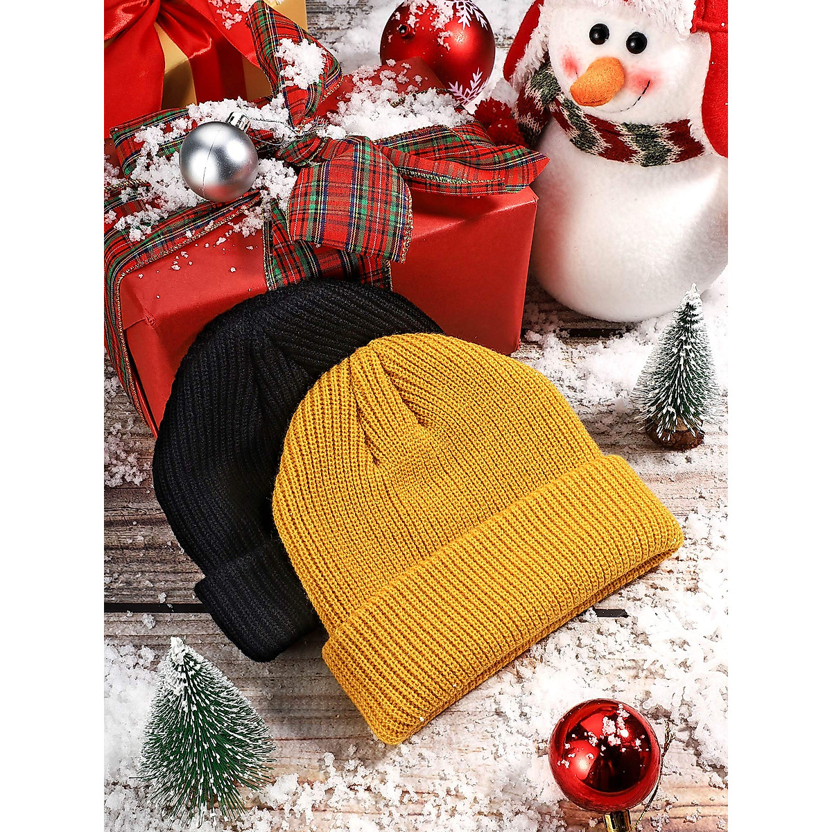 SATINIOR 2 Pieces Winter Short Fisherman Beanie Hat Trawler Beanie Watch Hat Edge Skullcap for Men (Black and Yellow)