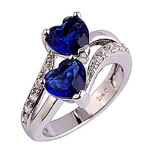 YJYdadaS Double Love Heart Women Ring, Fashion Female Zircon Ring Love Heart Rainbow & White Gemstone Ring Jewelry, US Size 6 7 8 9 10 11 12 (Dark Blue, US-12)
