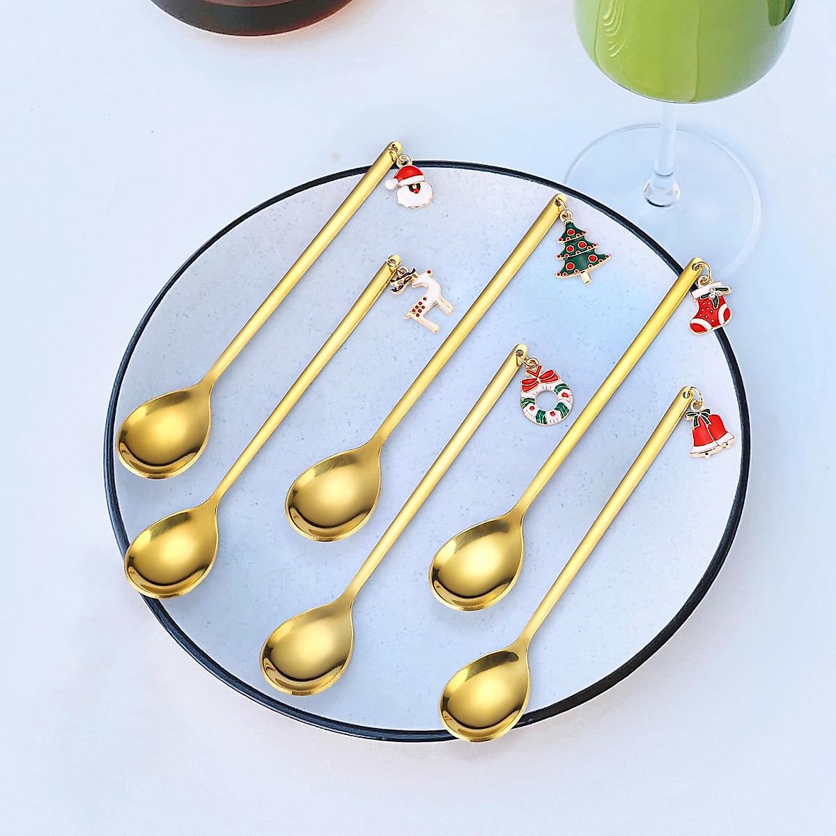 A · HOUSEWARE Coffee Spoons Gold Silverware Christmas 6 Pieces Small Stainless Steel Flatware Xmas Decorative Pendants Cute Drinking Stirrers for Festive and Daily Kitchen Utensils
