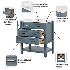 Spring Mill Cabinets Eaton Bathroom Vanity with 2 Drawers, Open Shelf, and White Sink Top, 30.25" W x 18.75" D x 35.41" H, Sage