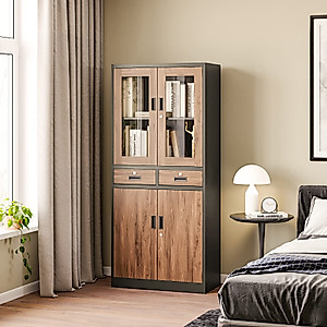 PEUKC Kitchen Pantry Cabinet, 71" Freestanding Kitchen Pantry Storage Cabinet with Drawer and Adjustable Shelves, Metal Tall Pantry Cabinet Cupborad with Glasses Doors, Wood Color