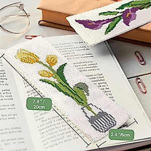 Caydo 3 Pieces Cross Stitch Bookmark Kits, Flowers Stamped Embroidery Bookmark with Backing Felt and Instructions Beginner Cross Stitch Kits for Adults, Book Lovers, 14 CT