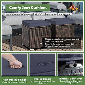 HAPPYGRILL 2 PCS Patio Ottoman Set Outdoor Wicker Stool with Storage, Rattan Footrest Ottoman with Solid Metal Frame and Cushion for Backyard Poolside Garden Balcony