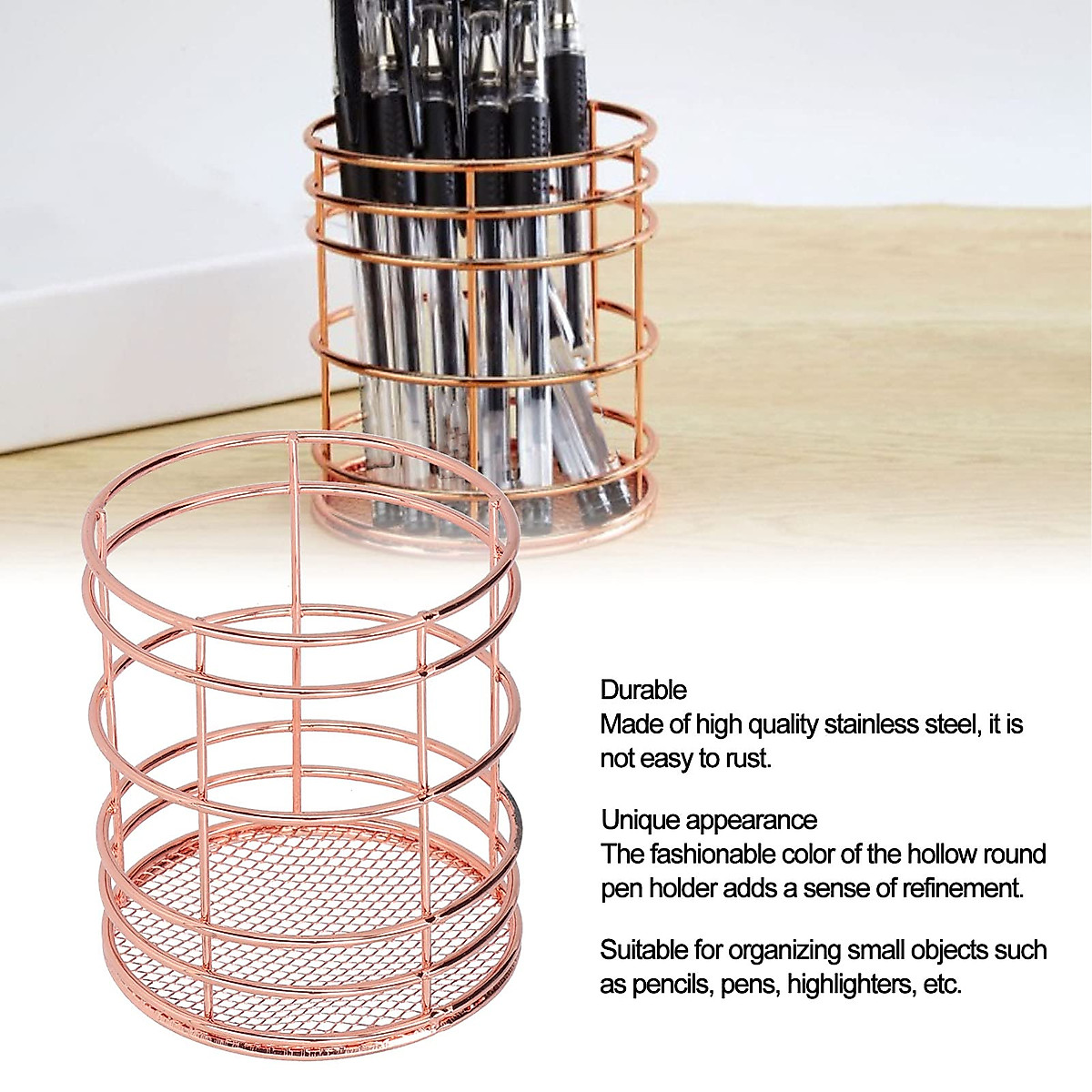 BORDSTRACT Small Wire Utensil Holder, 11x9x9cm Metal Round Pen Holder, Make Up Brush Holder Desk Cutlery Chopsticks Organizer for Kitchen Counter Home Office(Rose Gold)