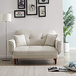LTT Futon Sofa Bed, Futon Couch, Folding Sofa Bed Dual-Purpose Multi-Functional Relax Lounge Sofa Bed Sleeper with 2 Pillows Beige Fabric