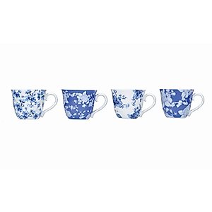 MIKASA Hampton Espresso Cups with Floral Pattern in Gift Box, Porcelain, White/Blue, 80 ml, 4 Piece Set