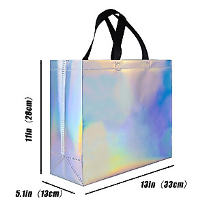cabzymx Iridescent Glossy Gift Bags 15 pcs, 12.6x4.7x11 In Non-woven Reusable Goodie Bags Bulk, with Black Handles & Sturdy Base, Christmas Gift Bags for Birthday, Wedding, Easter, Holiday Party