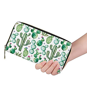 Freewander Green Cactus Flower Wallet Handbag Clutch Bag Women Purse Money Manager Plenty of Room Gift for Wife