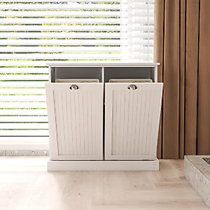 RASOO Double Tilt Out Trash Cabinet White Free Standing Laundry Sorter Cabinet with Removable Two-Compartment Tilt-Out Hamper Clothes Basket