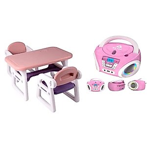 TinyGeeks Kids Table and Chairs Set Safe for Children Activity Table for Kids and Candy Kids Portable CD Player for Kids FM Radio - Batteries Included Bundle