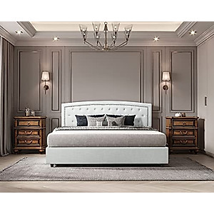 BONSOIR Queen Size Storage Bed Frame Upholstered Low Profile Traditional Platform with Tufted and Nail Headboard