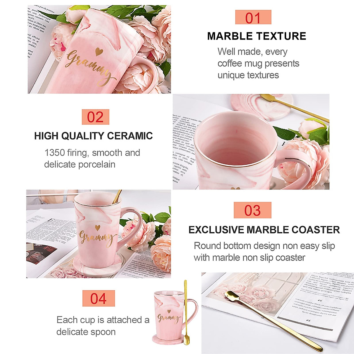 YHRJWN - Grammy Gift, Grandma Coffee Mug, Mothers Day Gifts for Grandma from Grandchildren, Christmas Gifts for Grandma Grammy, Warm Grandma Gifts for Birthday Christmas 14 Oz Pink with Spoon, Box